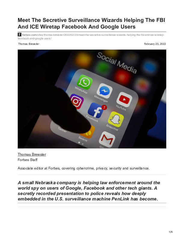 Shared post - Thomas Brewster at Forbes on PenLink: “Meet The Secretive ...
