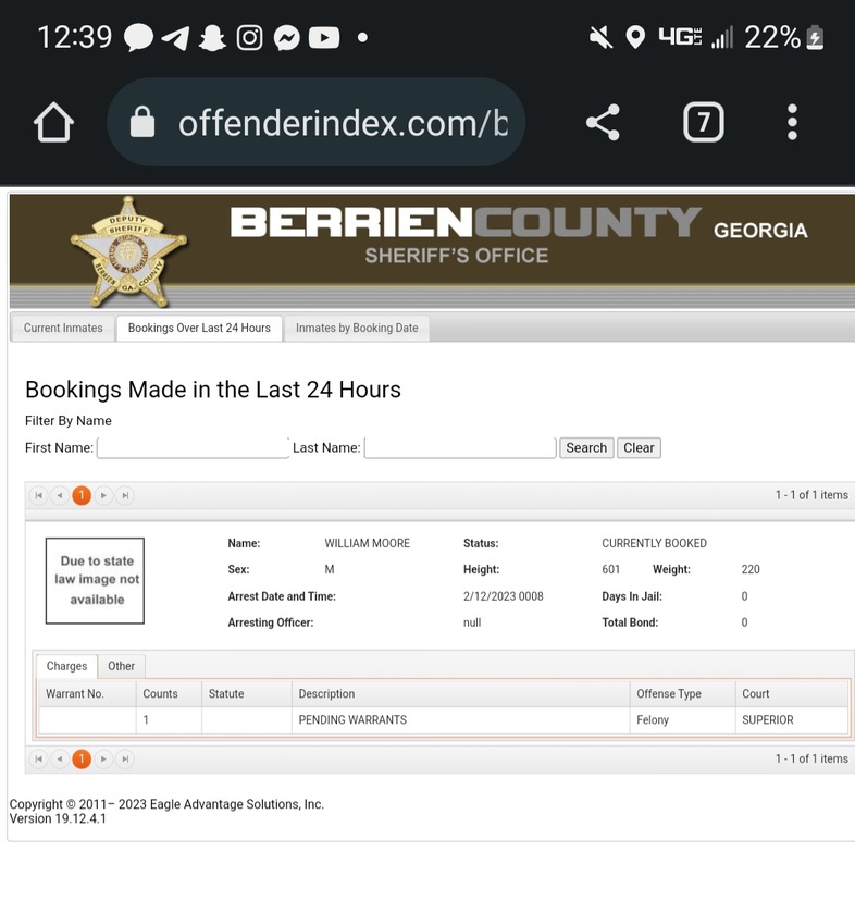 Shared post - William Moore Georgia pred from tonight ARRESTED