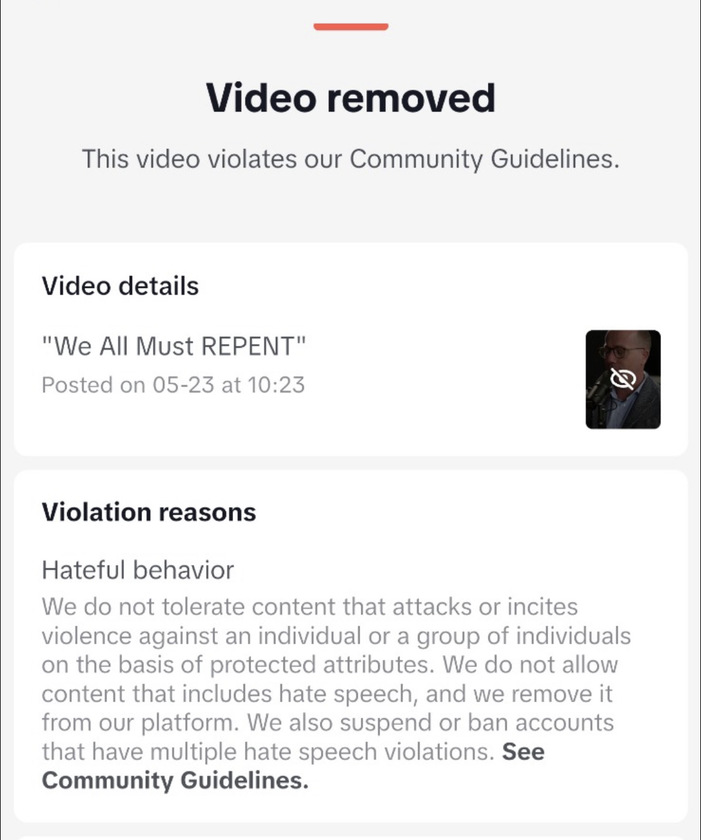 Shared post - A Strike on TikTok for “Hateful Behavior”